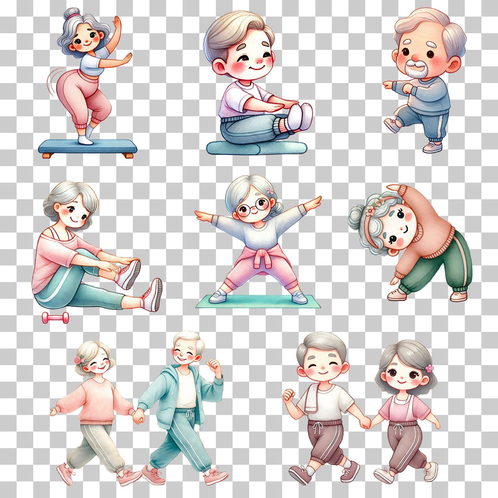 Watercolor Grandparent Exercise Clipart Bundle: Family Fitness PNG ...