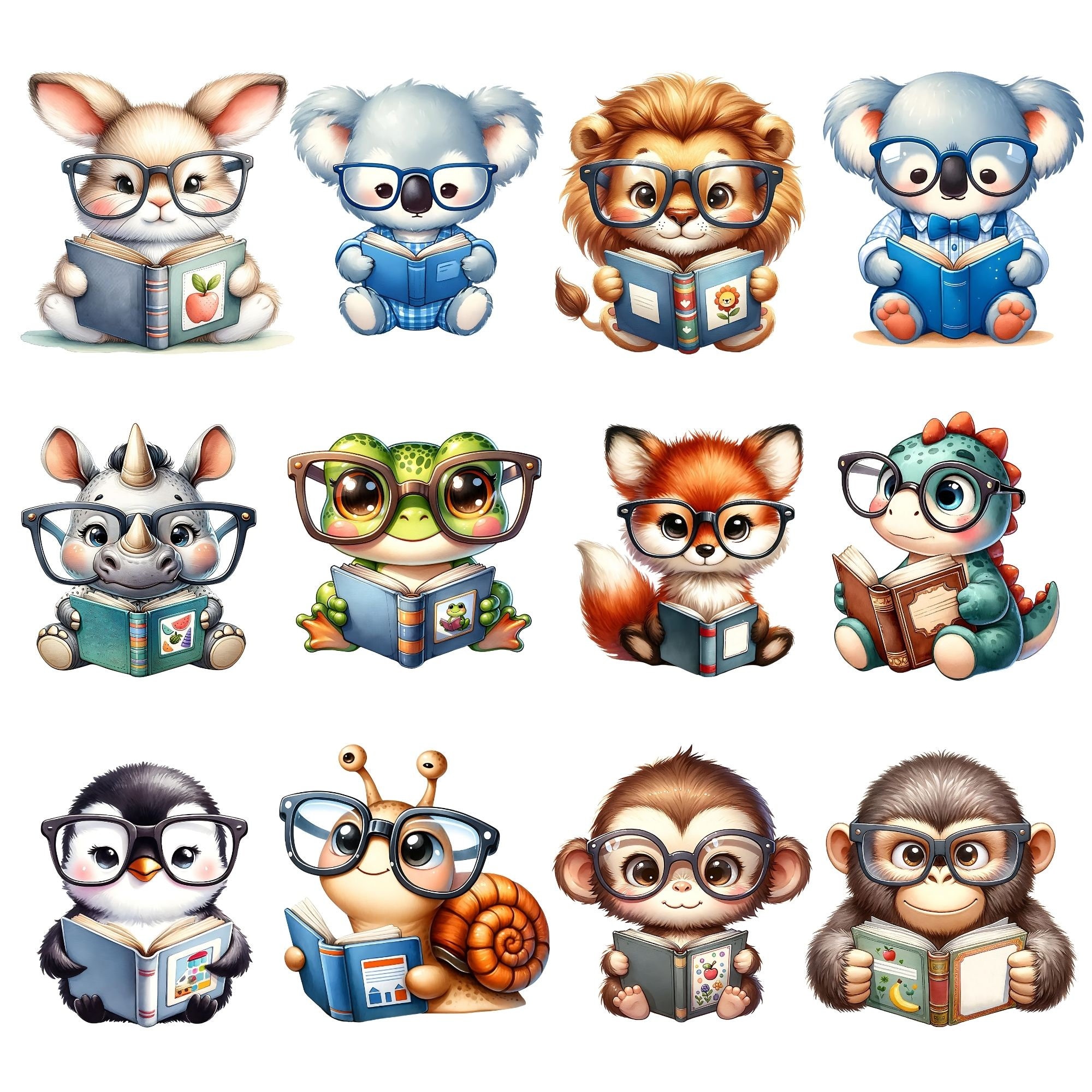 Watercolor Animal Reading Book Clipart, Adorable Animal Clipart ...