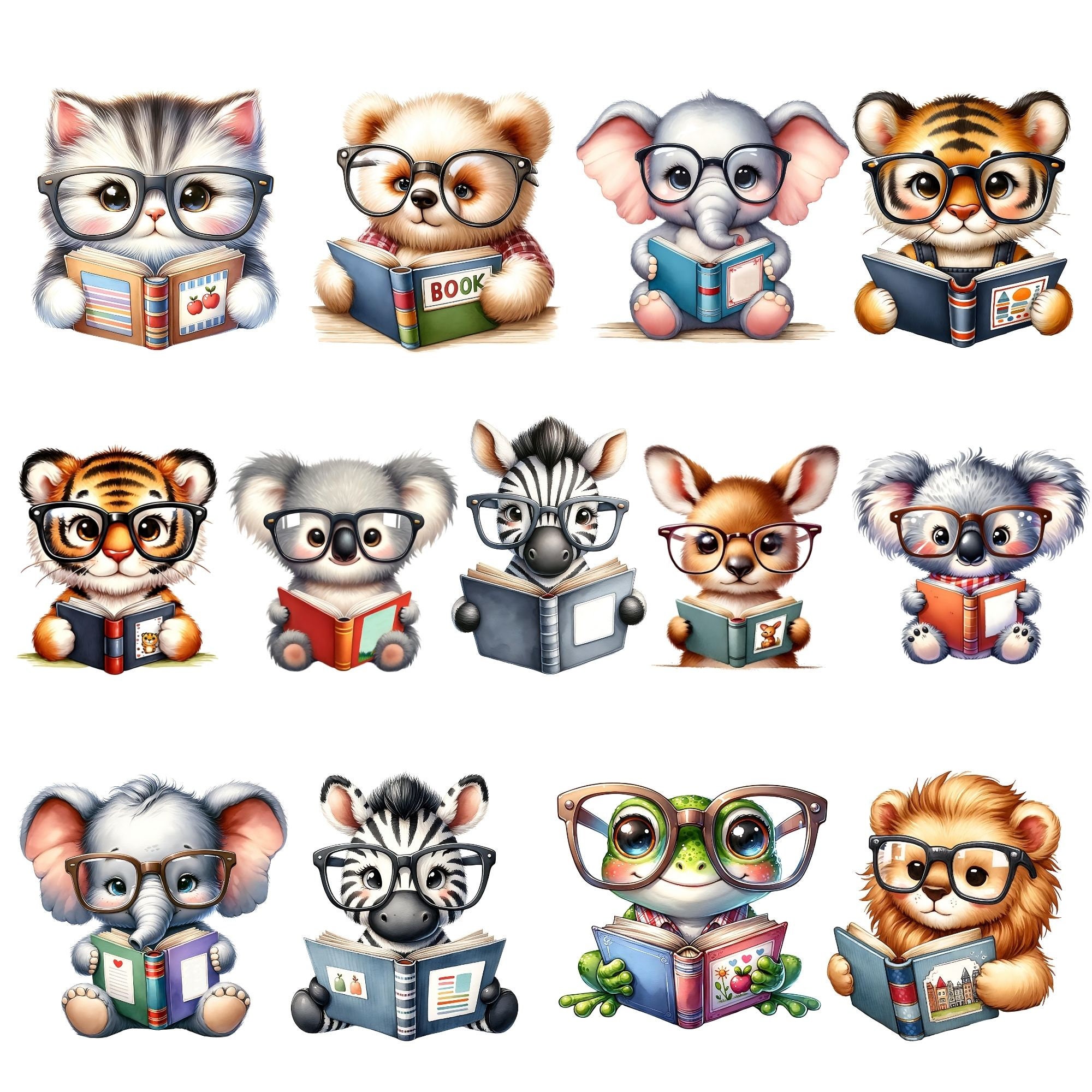 Watercolor Animal Reading Book Clipart, Adorable Animal Clipart ...