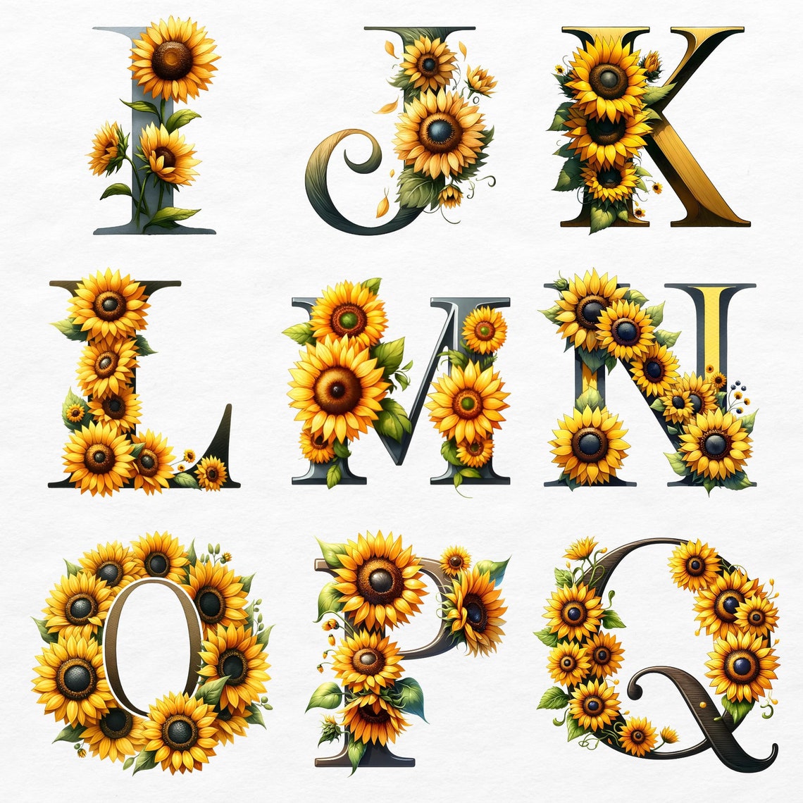 Watercolor Sunflower Alphabet Clipart: Floral Letters & Numbers (PNG ...