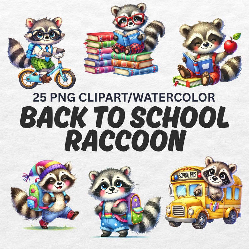 Back to School Raccoon Clipart, Cute Watercolor Raccoon PNG Bundle ...