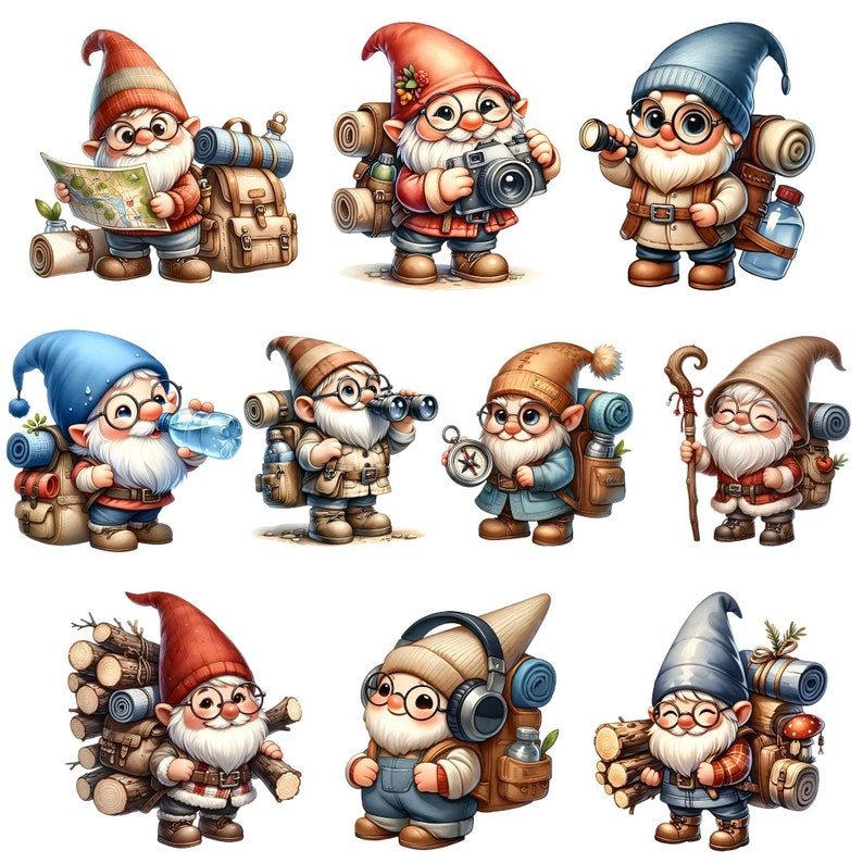 Watercolor Gnome Backpack Clipart Bundle, Camping Gnome Png, Nursery ...
