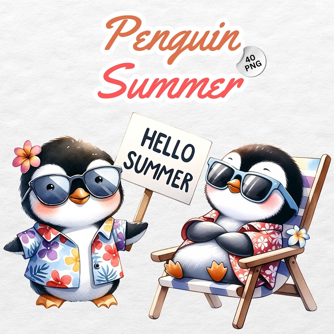 Watercolor Summer Penguin Clipart, Baby Cute Penguin PNG, Nursery Decor ...