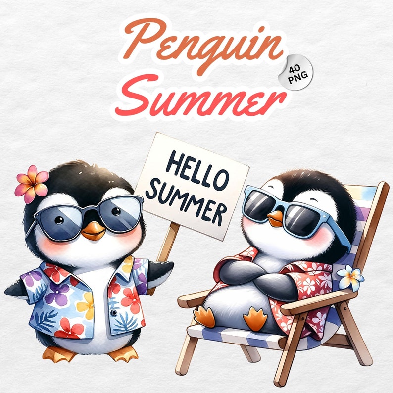 Watercolor Summer Penguin Clipart, Baby Cute Penguin PNG, Nursery Decor ...