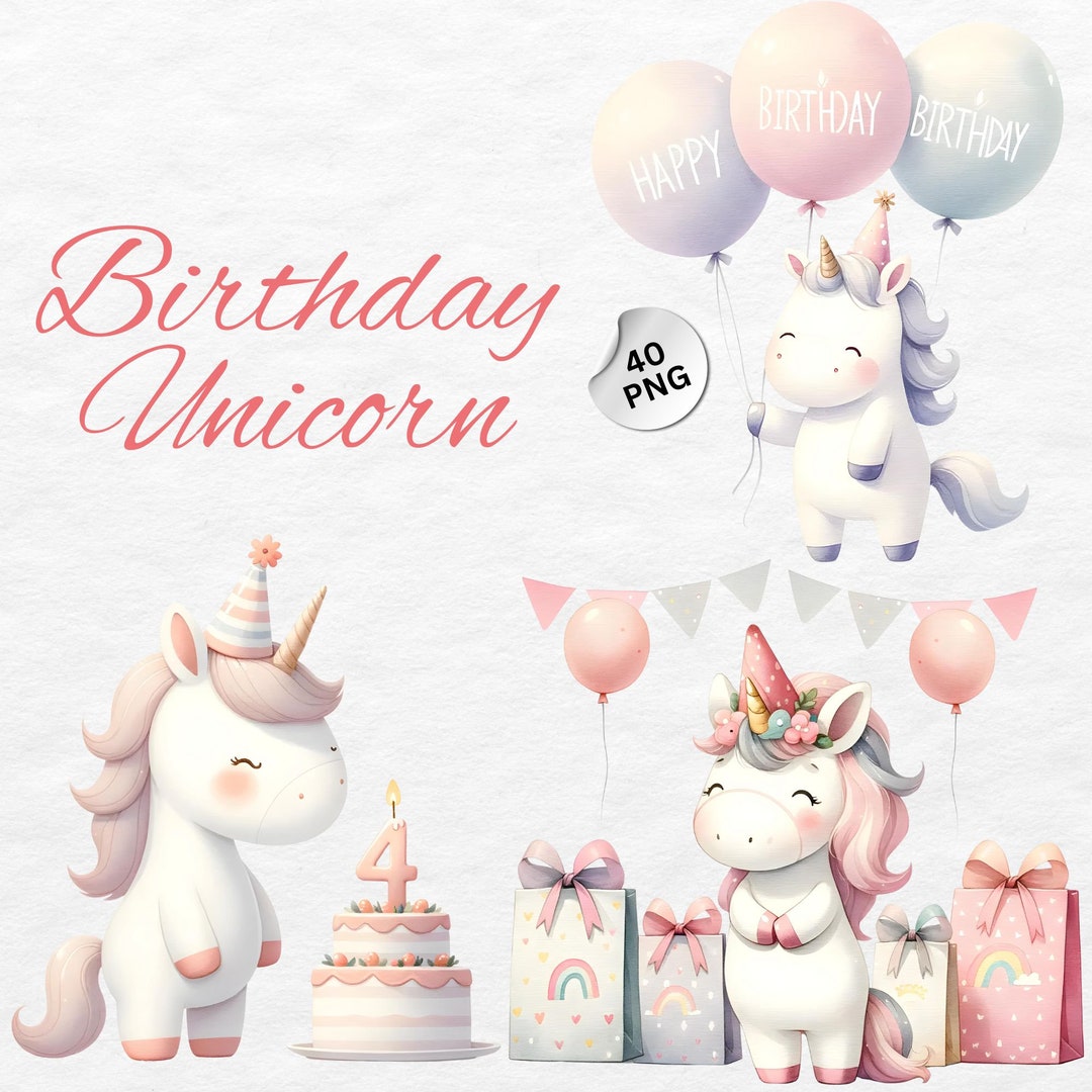 Watercolor Unicorn Birthday Clipart Bundle: 40 PNG Images (digital ...