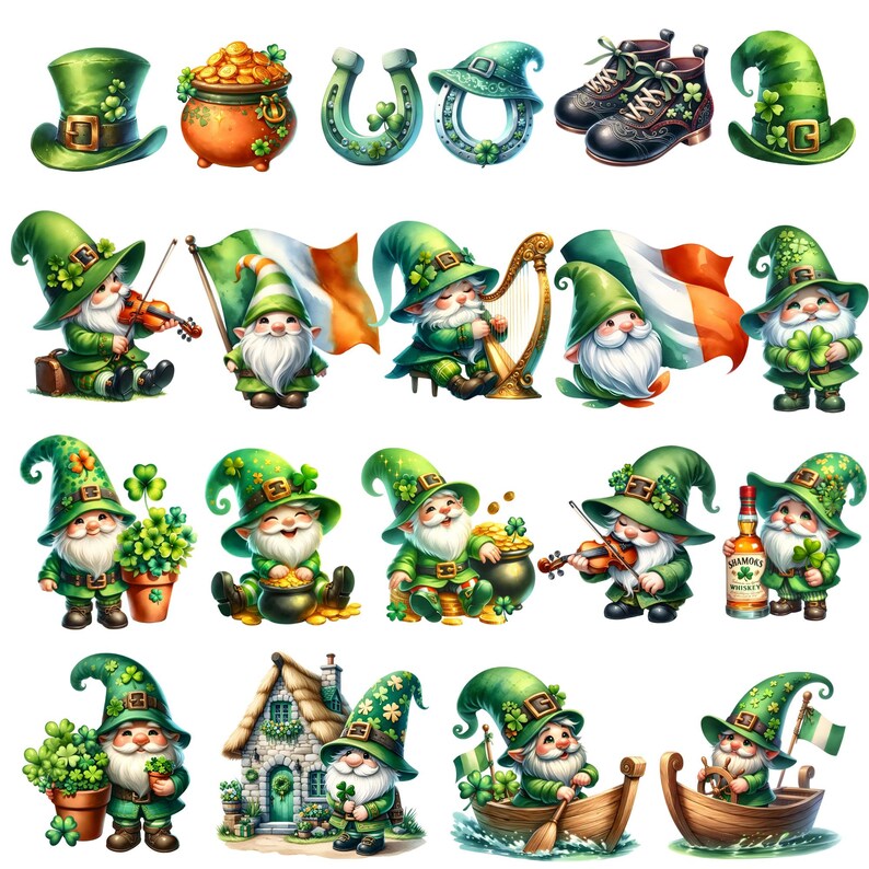 St. Patrick's Day Gnomes 39 Clipart, Watercolor Gnome PNG, Shamrock ...