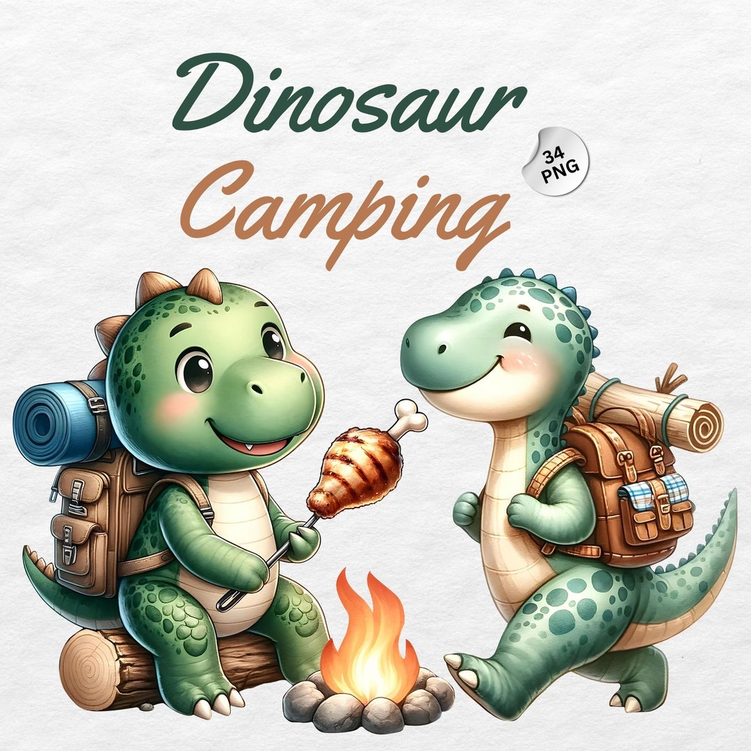 Watercolor Camping Dinosaur Clipart: Nursery Decor PNG (digital ...