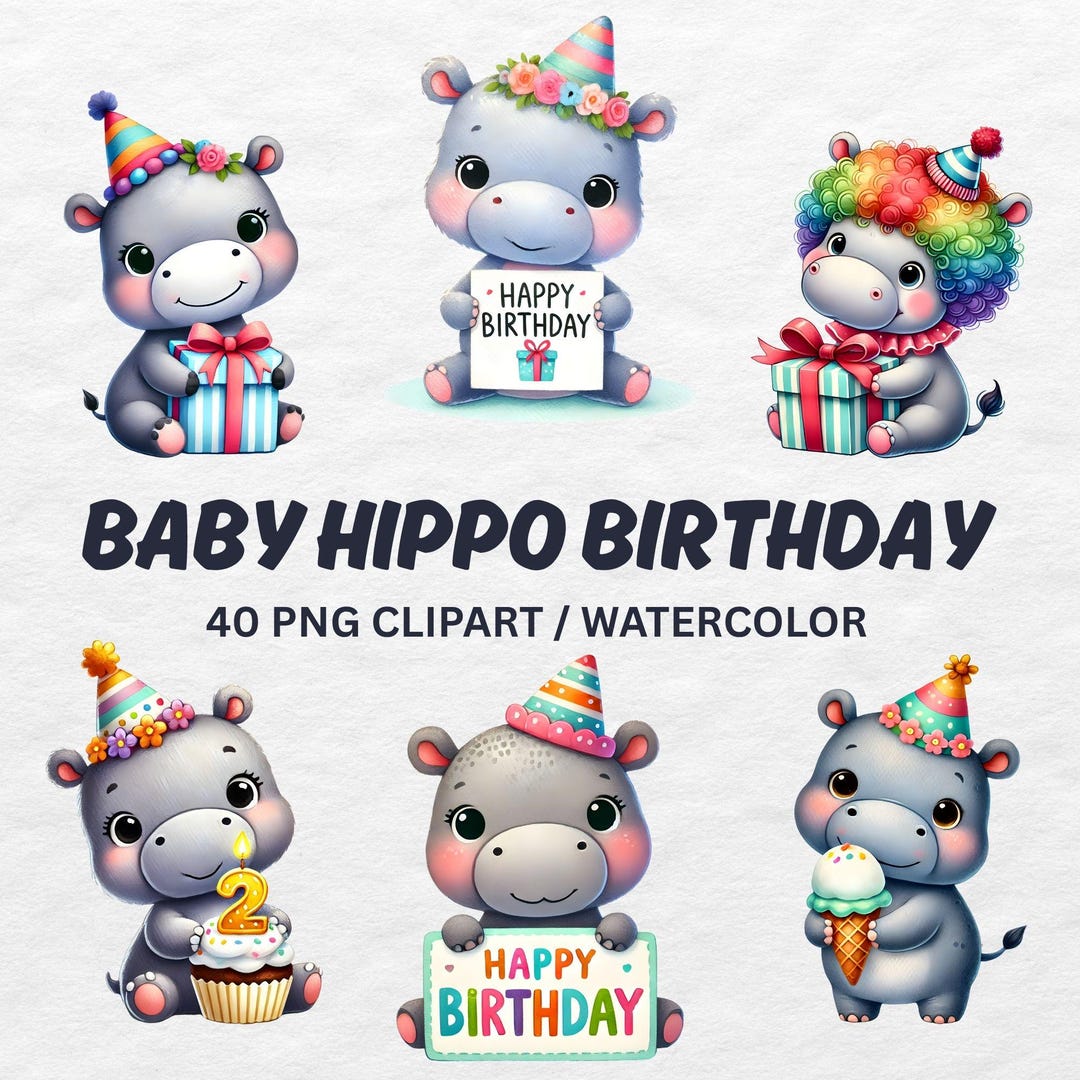 Baby Hippo Birthday Clipart: 40 Watercolor PNG Party Animals (digital ...