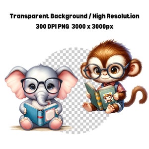 Watercolor Animal Reading Book Clipart, Adorable Animal Clipart ...