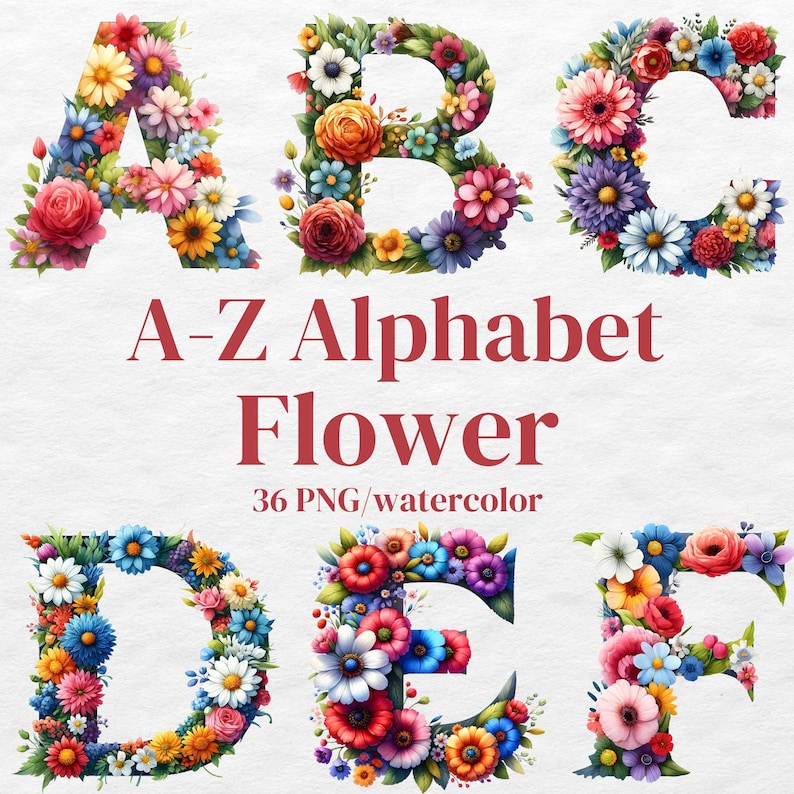 Watercolor Flower Alphabet Clipart, Watercolor Floral Alphabet, Floral ...