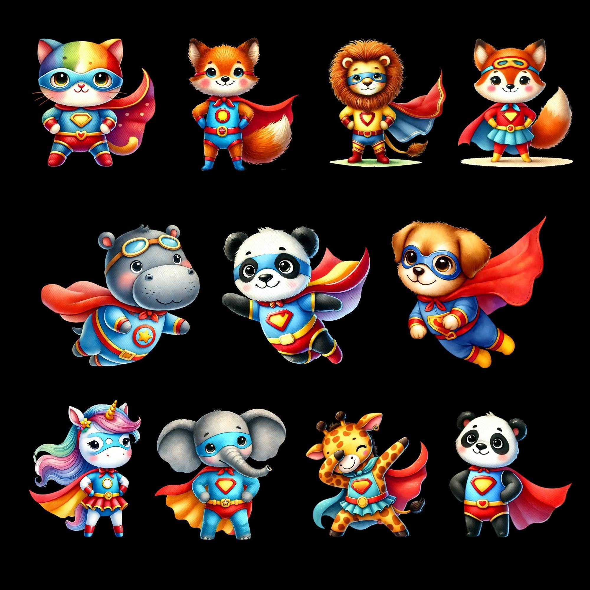 Animal Superhero Clipart PNG, 40 Watercolor Superhero Animal, Cute Kids ...
