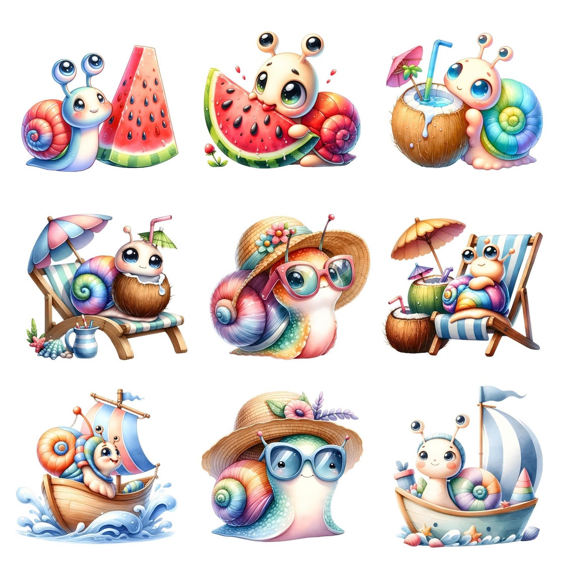 Watercolor Cute Snail Clipart, Summer Snail Nursery, Funny Snail Bundle ...
