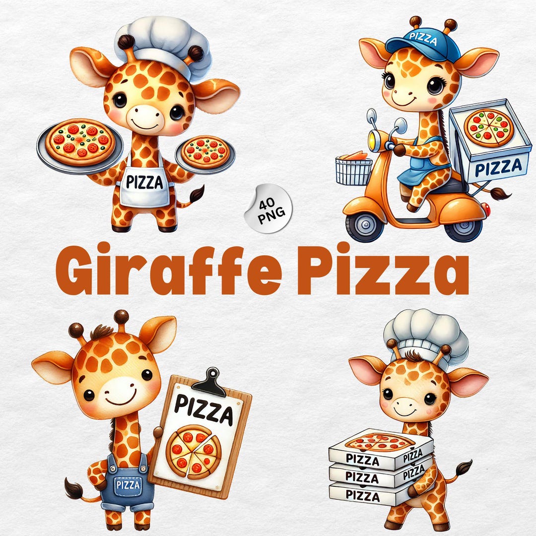 Cute Giraffe Pizza Clipart Bundle 40 PNG, Watercolor Pizza Animal Art ...