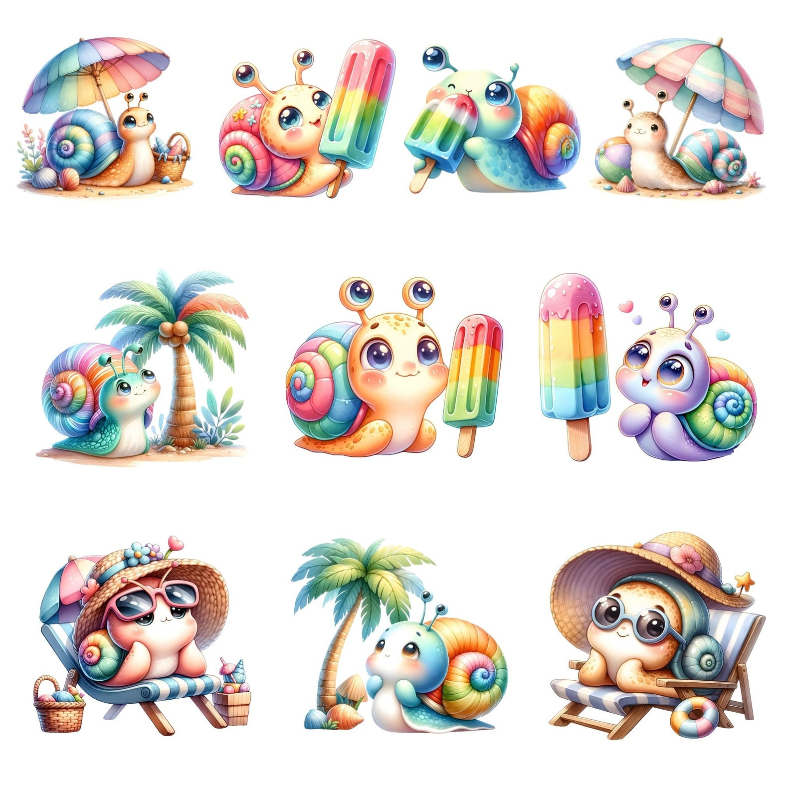 Watercolor Cute Snail Clipart, Summer Snail Nursery, Funny Snail Bundle ...