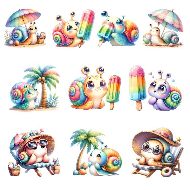 Watercolor Cute Snail Clipart, Summer Snail Nursery, Funny Snail Bundle ...