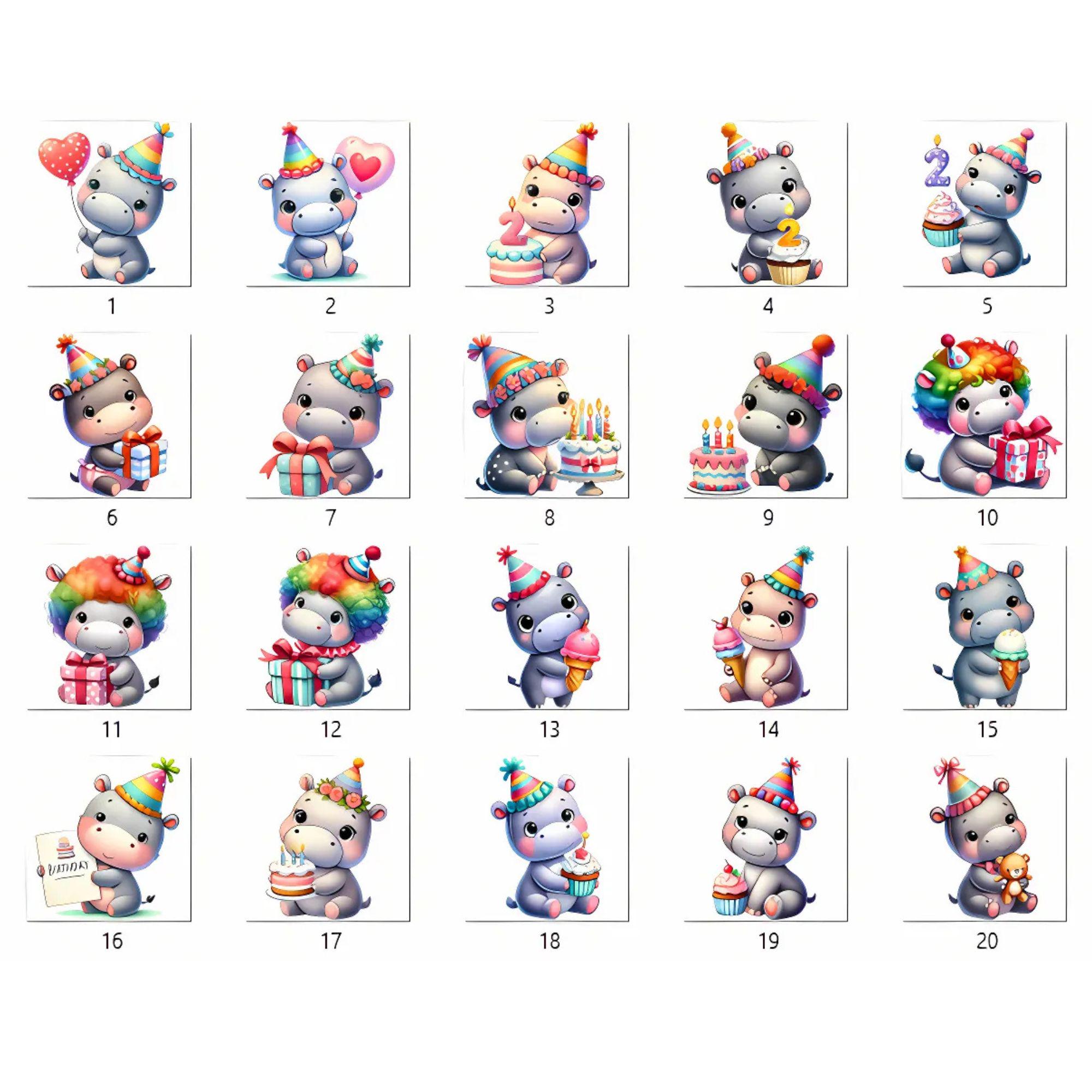 Baby Hippo Birthday Clipart: 40 Watercolor PNG Party Animals (digital ...