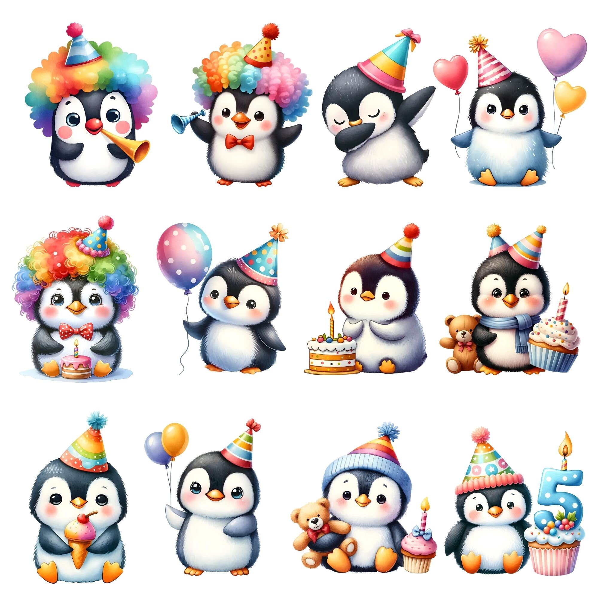 Watercolor Penguin Birthday Clipart: PNG Bundle (digital Download) - Etsy