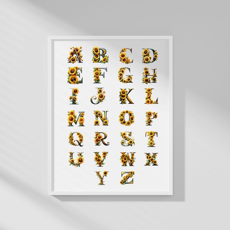 Watercolor Sunflower Alphabet Clipart: Floral Letters & Numbers (PNG ...