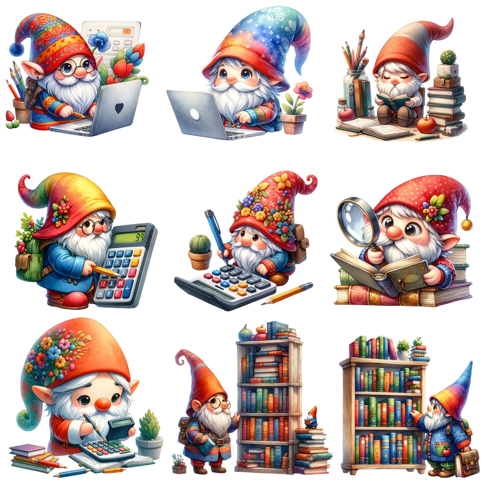 Back to School Gnome Clipart Bundle, Watercolor Gnomes PNG, Graduation ...