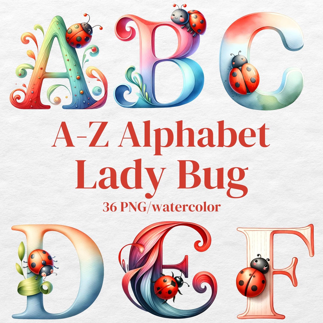Watercolor Ladybug Alphabet Clipart: Nursery Decor (PNG, Digital ...