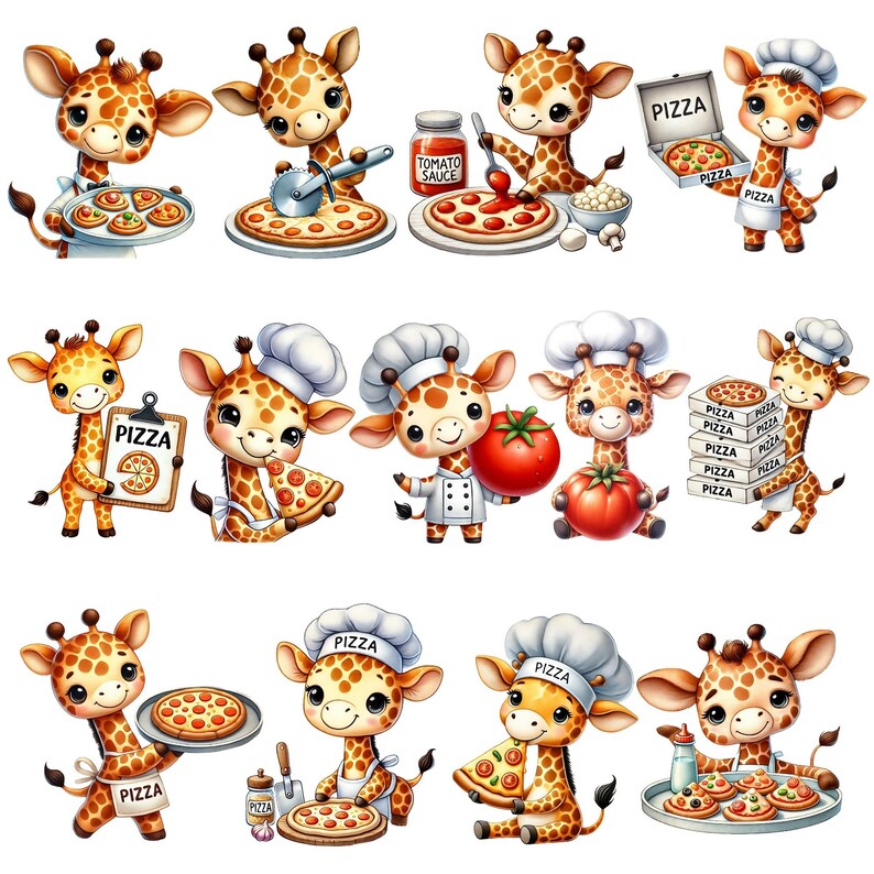 Watercolor Giraffe Pizza Clipart: Nursery Decor PNG Bundle (digital ...