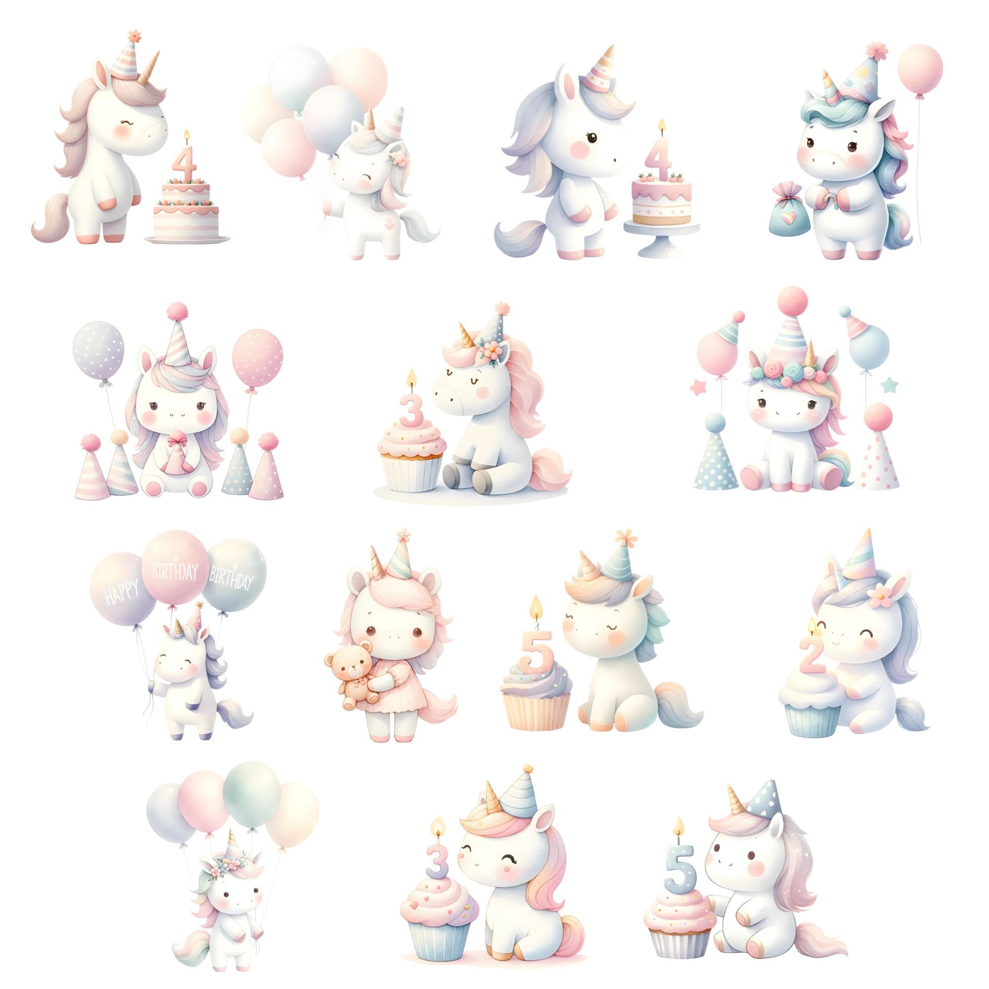 Watercolor Unicorn Birthday Clipart Bundle: 40 PNG Images (digital ...