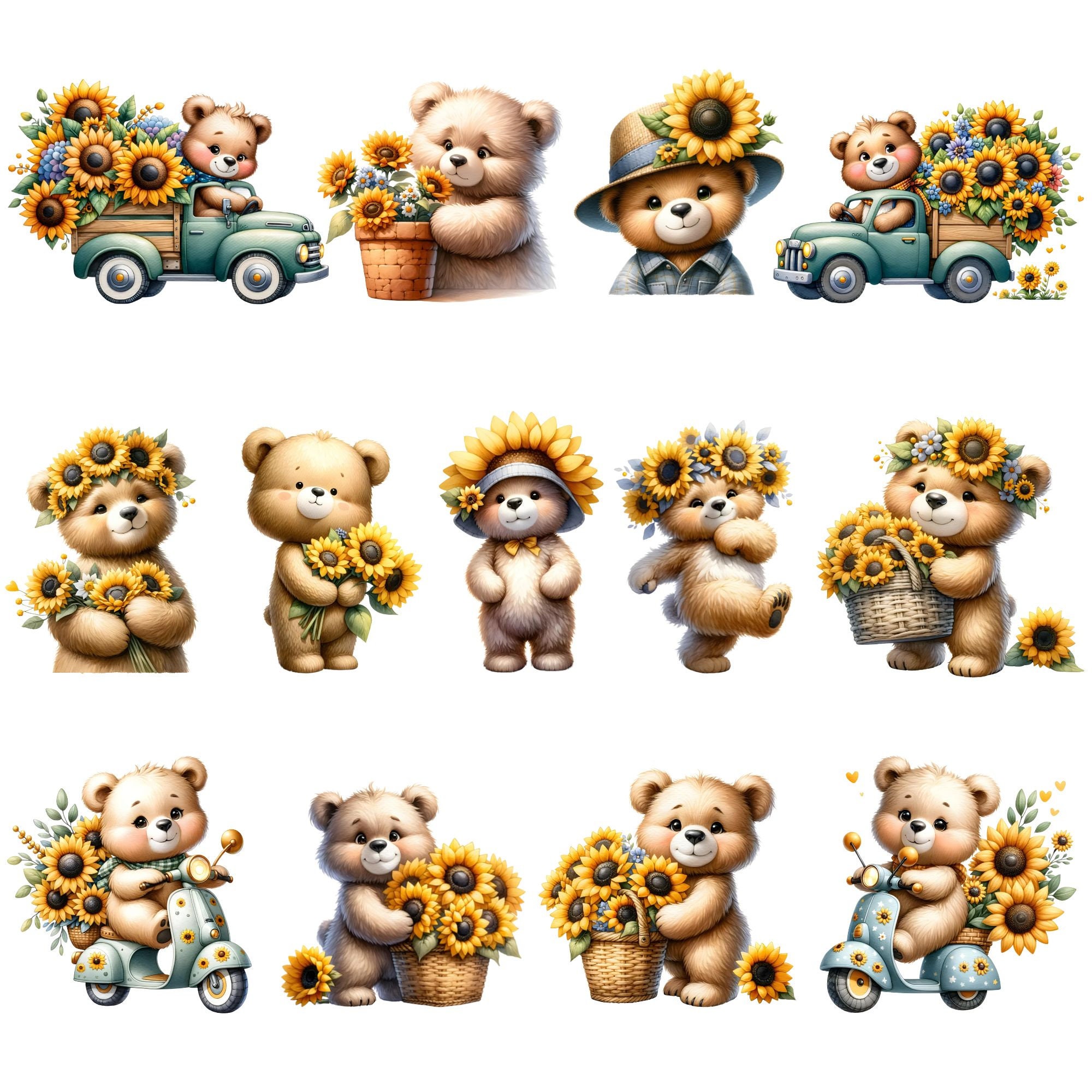 Watercolor Sunflower Bear Clipart, Cute Bear With Flowers, Cute Bear ...