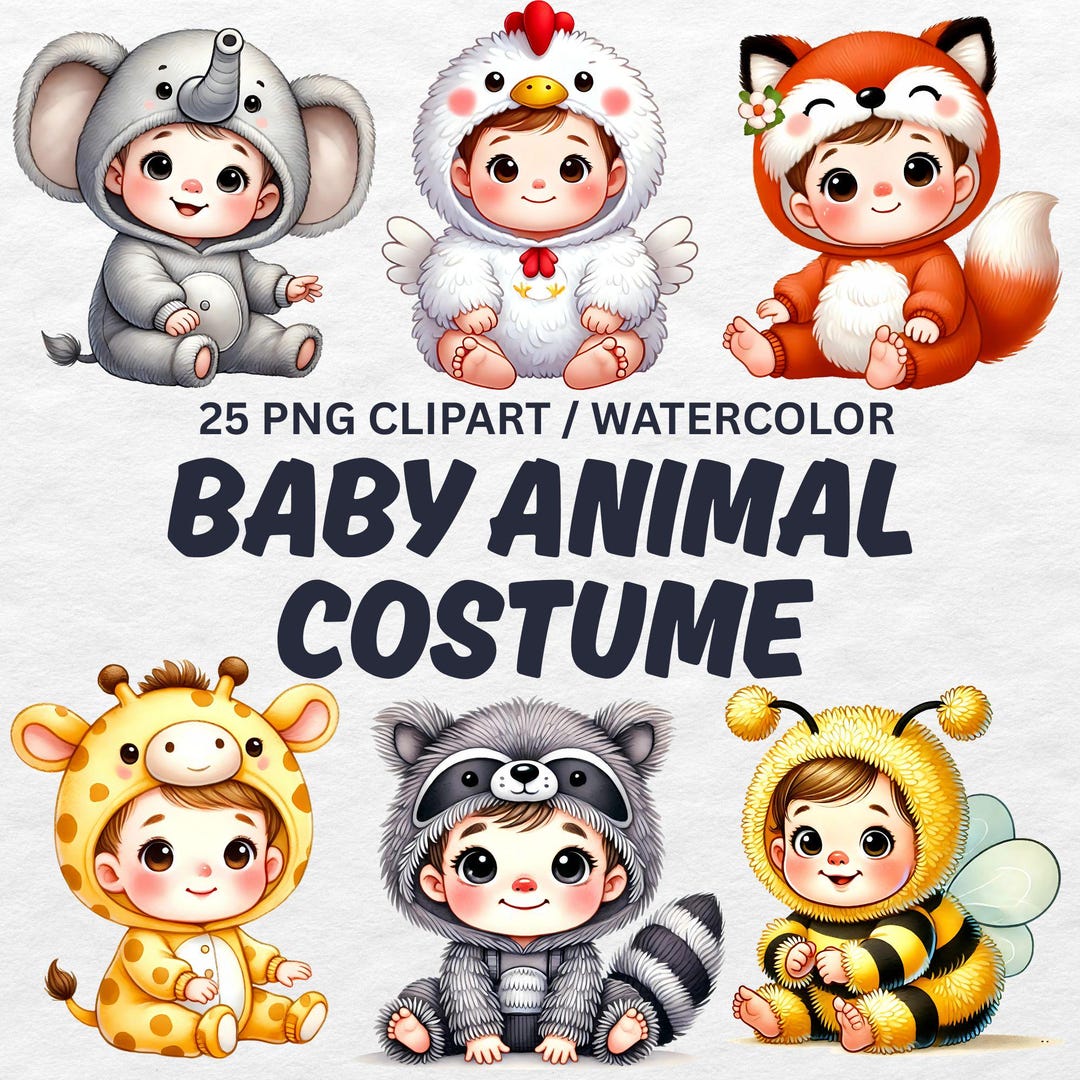 Watercolor Baby Animal Costume Clipart: 25 PNG Images (digital Download ...
