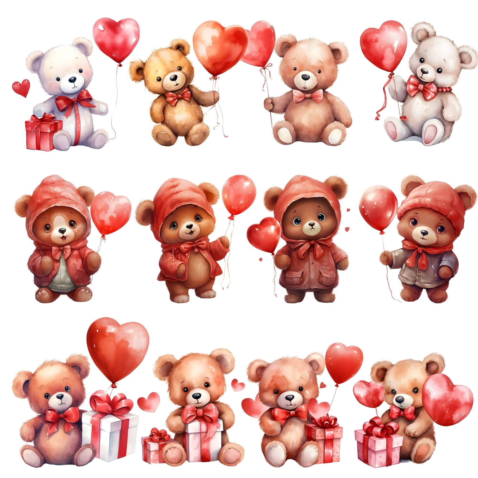 Watercolor Valentines Teddy Bear Clipart, 40 PNG Valentines Day Clipart ...