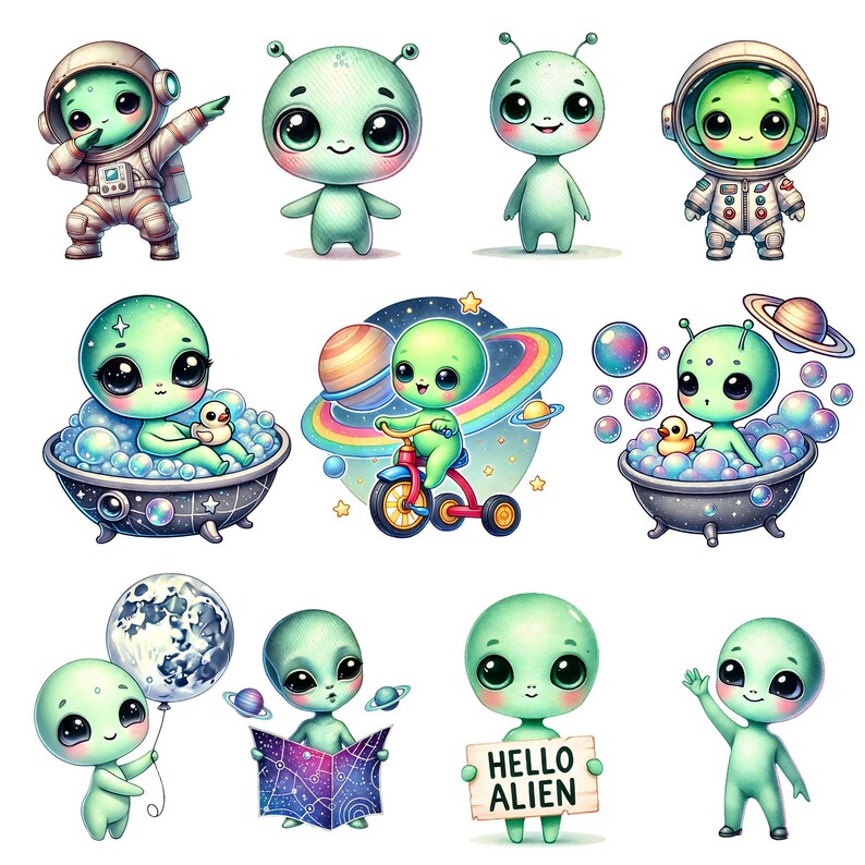 Watercolor Cute Aliens Clipart PNG, Sci-fi Nursery Decor, Cute Alien ...