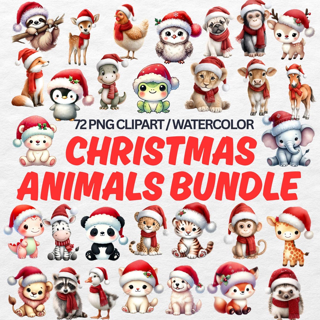 Christmas Animals Clipart Bundle: Holiday Watercolor PNG (digital ...