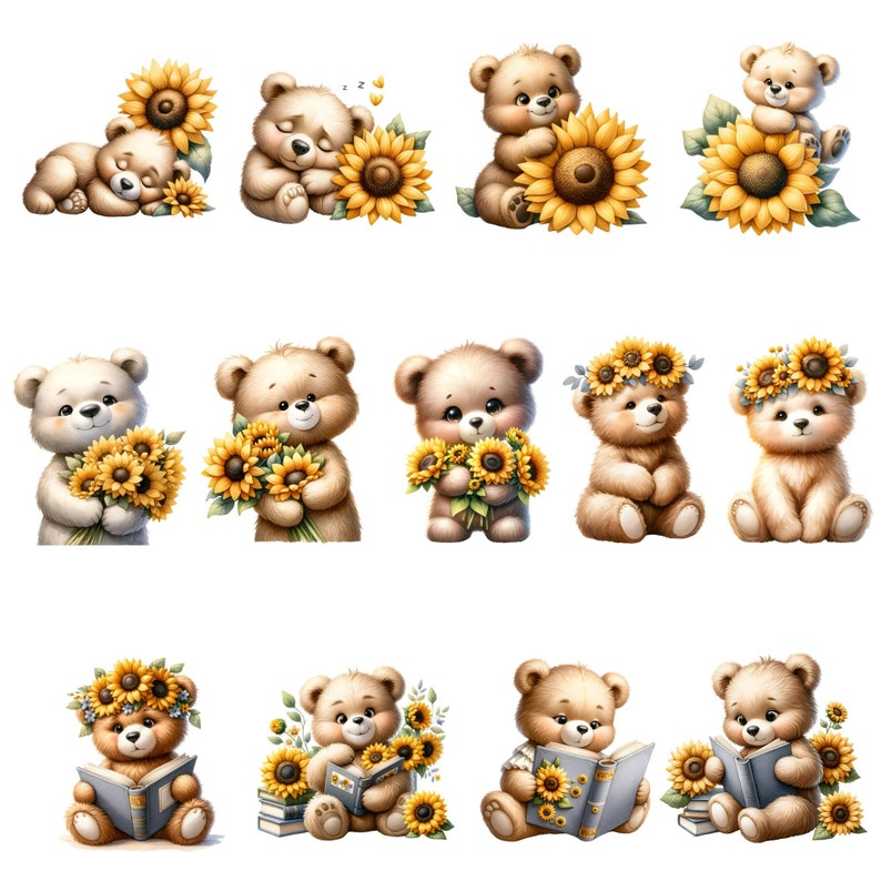 Watercolor Sunflower Bear Clipart, Cute Bear With Flowers, Cute Bear ...