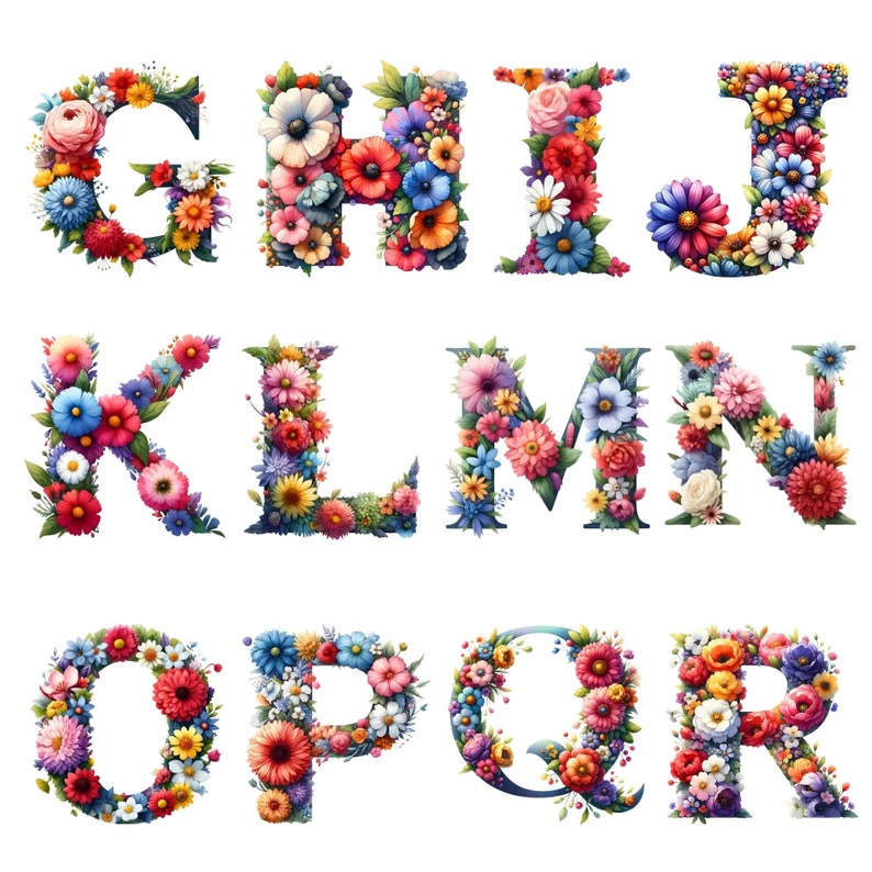 Watercolor Floral Alphabet Clipart: Flower Font (PNG, Digital Download ...