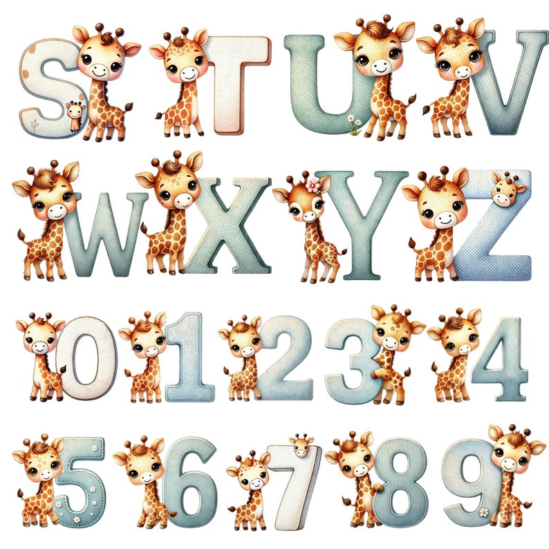 Watercolor Giraffe Alphabet A-Z Clipart, Alphabet Png Letters & Numbers ...
