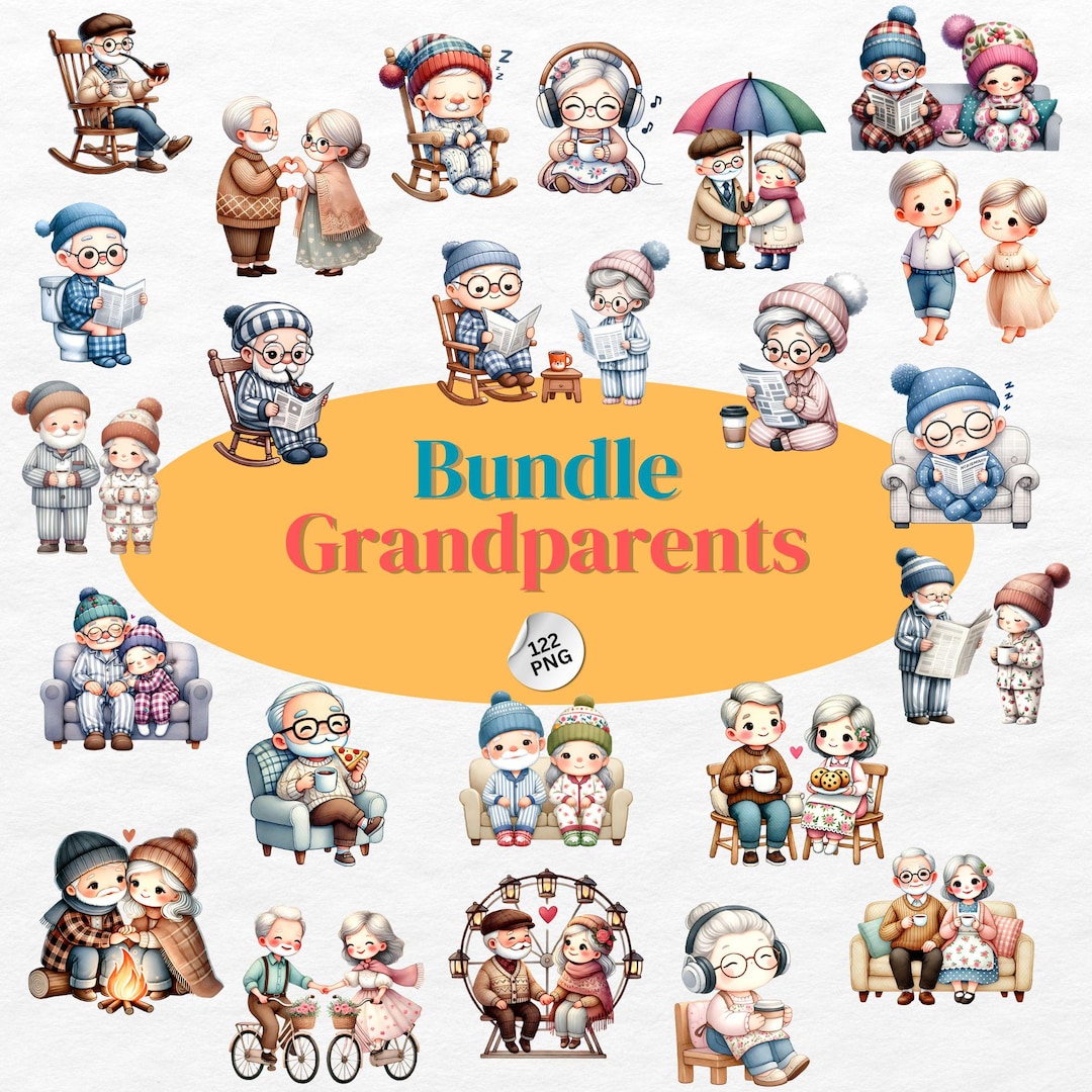 Grandparents Watercolor Clipart Bundle, Cute Senior Couple PNG for DIY ...