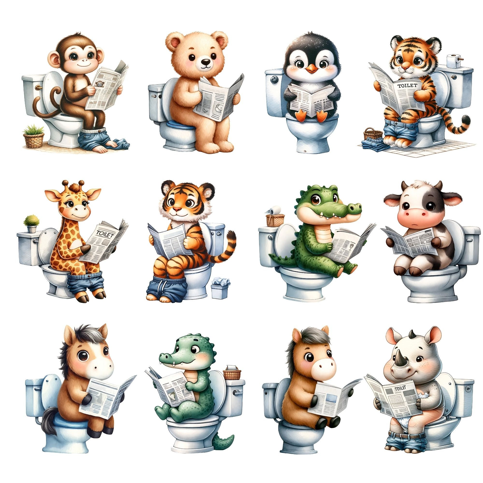 Watercolor Animal Toilet Clipart: 35 PNG Nursery Prints (digital ...