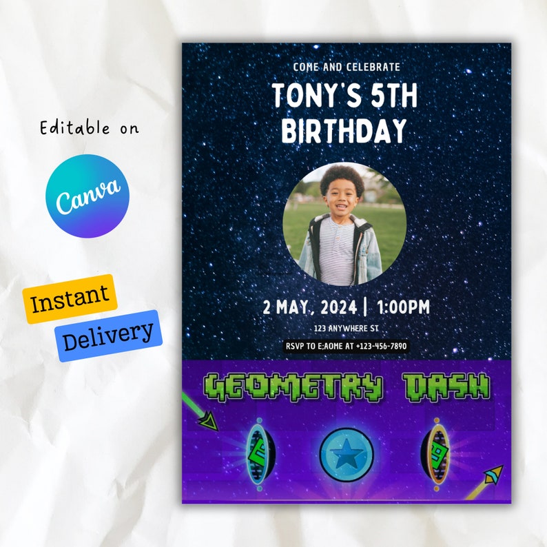 Editable Geometry Dash Birthday, Digital Birthday Invitation Printable ...