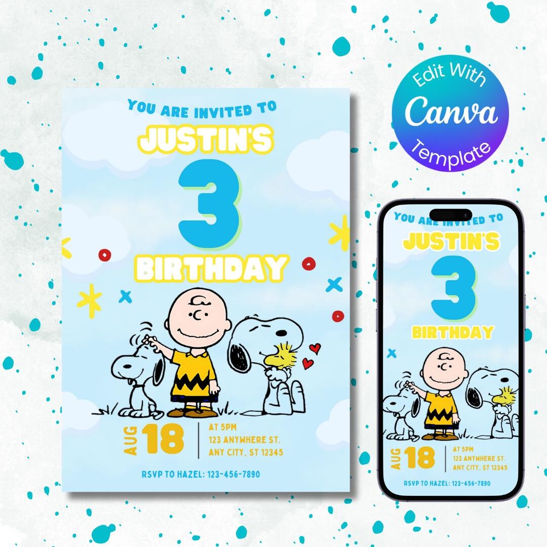 Peanuts Birthday Invite Editable Snoopy Birthday Invitation Template ...