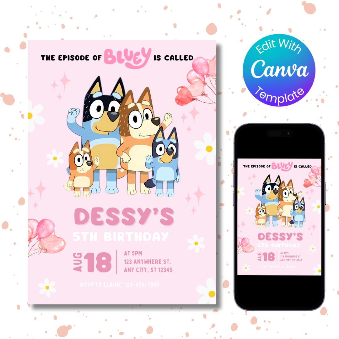 Editable Bluey Birthday Invite Bluey Pink Birthday Invitation Template ...