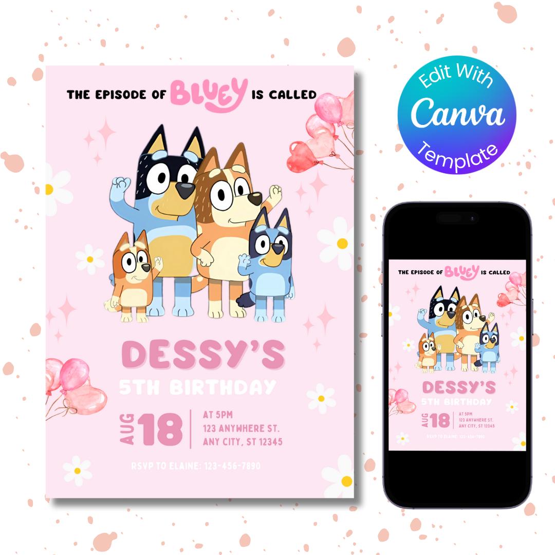 Editable Bluey Birthday Invite Bluey Pink Birthday Invitation Template ...