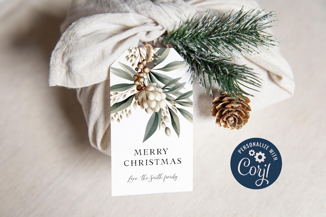 Printable Christmas Tag Pine Cones Greenery Gift Tag Editable Christmas Card Holiday Labels ...
