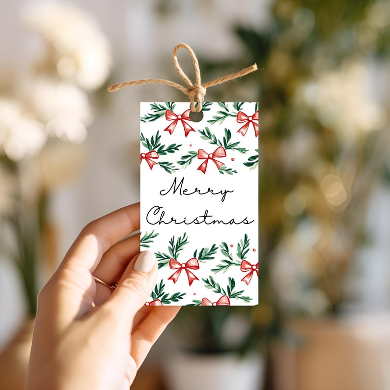 Printable Christmas Gift Tags, Red Bow Watercolor (digital Download) - Etsy