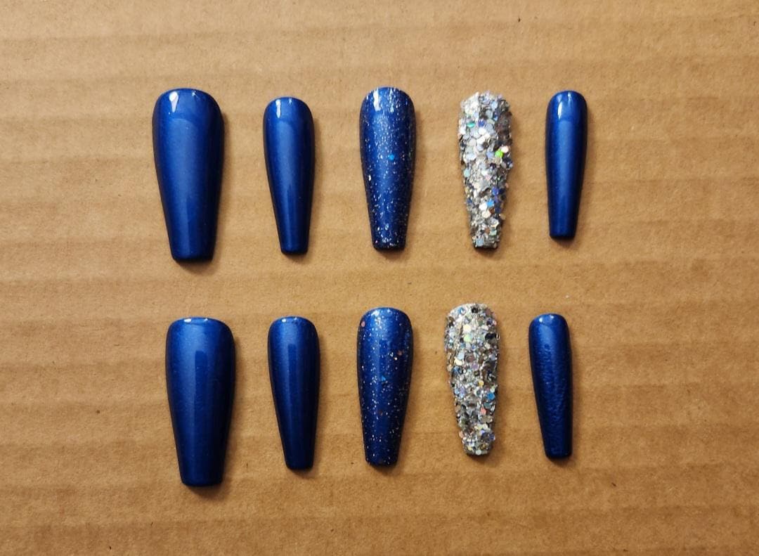 Medium Blue Silver Glitter Themed Design Gloss Coffin Luxury Reusable ...