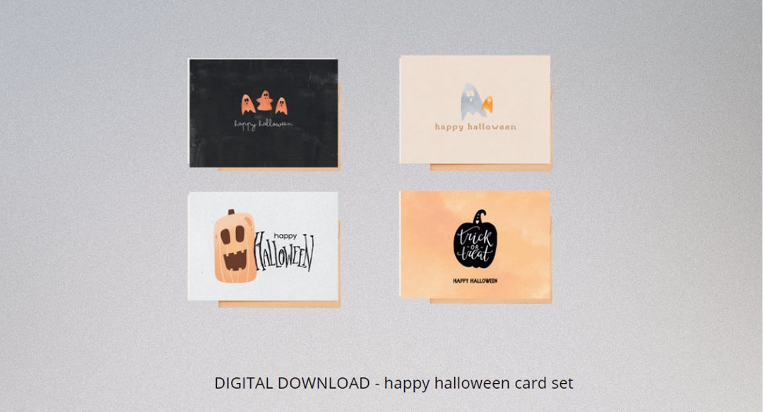 Set of 4 Printable Happy Halloween Cards - 7x5 Inches, Cute and Simple ...