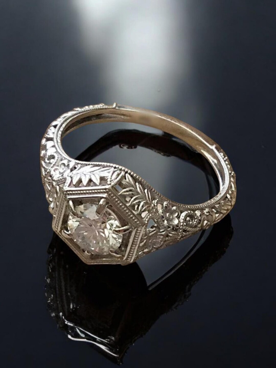 Art Deco Floral Design Shank Ring, Antique Filigree Solitaire Ring ...