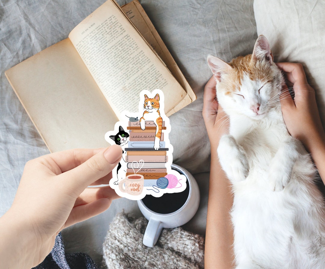 Cats and Book and Coffee Sticker, Cat Sticker, Book Lover Sticker ...