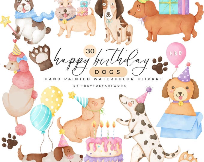 Birthday Dogs Clip Art Collection, Watercolor Birthday Dogs, Watercolor ...