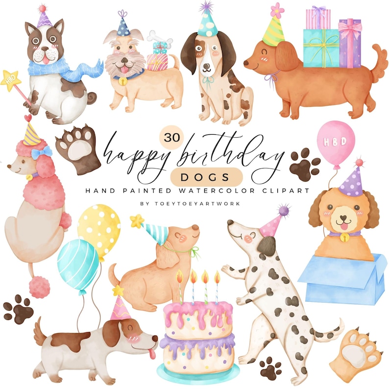 Watercolor Birthday Dogs Clip Art,birthday Dogs,cute Dog,birthday Party ...