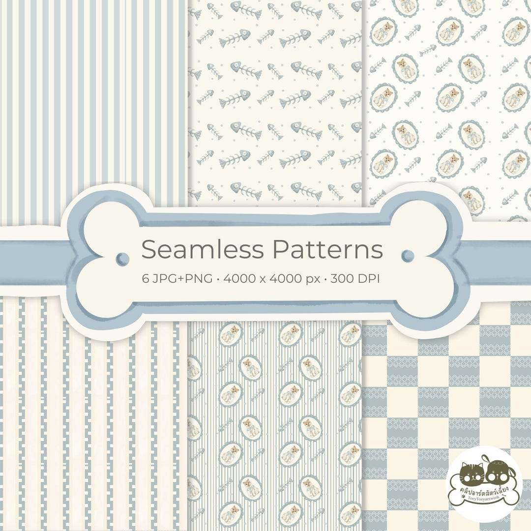 Blue Baby Seamless Pattern, Cat & Fishbone Digital Paper Pack for ...