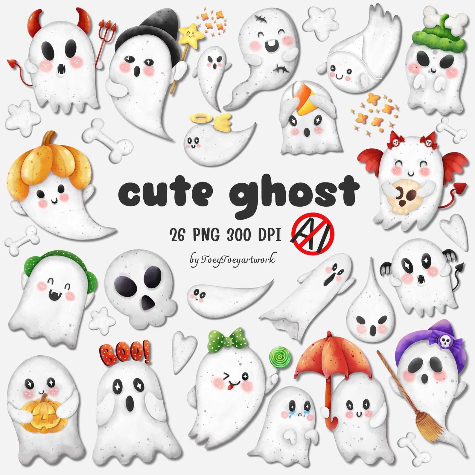 Watercolor Cute Ghosts Clipart Halloween Clipart Instant Download ...